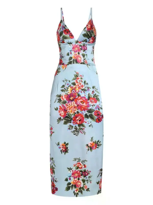 Dolce & Gabbana Floral V-neck Midi Dress - Blue