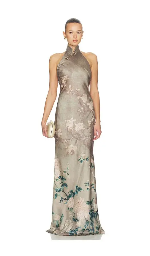 SAU LEE Gillian Satin Halterneck Maxi Dress - Taupe