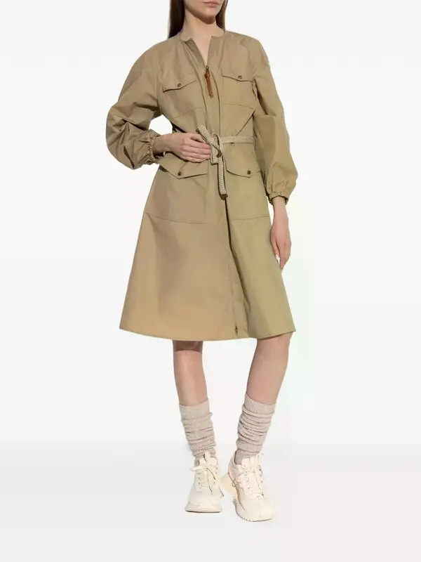 Moncler Pleated Poplin Midi Dress With Belt - Neutrals