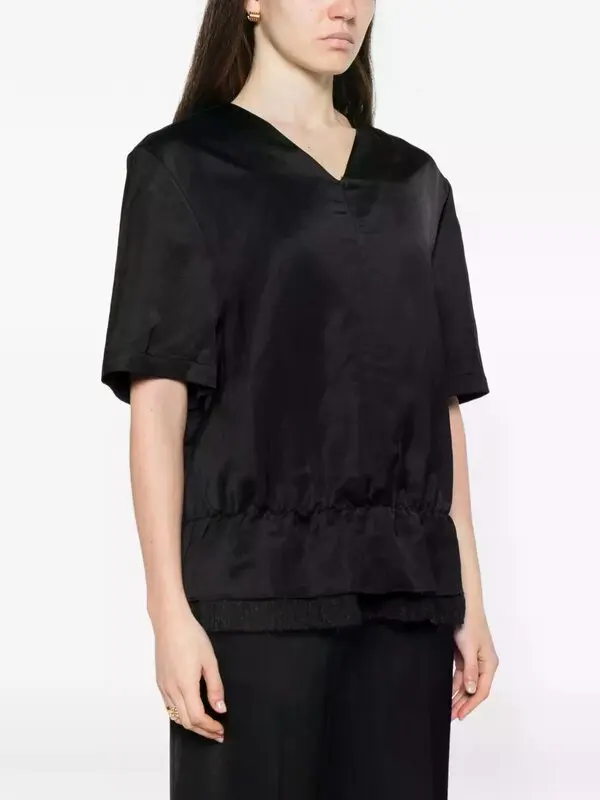 TOTEME V-neck Satin Blouse With Gathered Detail And Ruffled Trim - Black