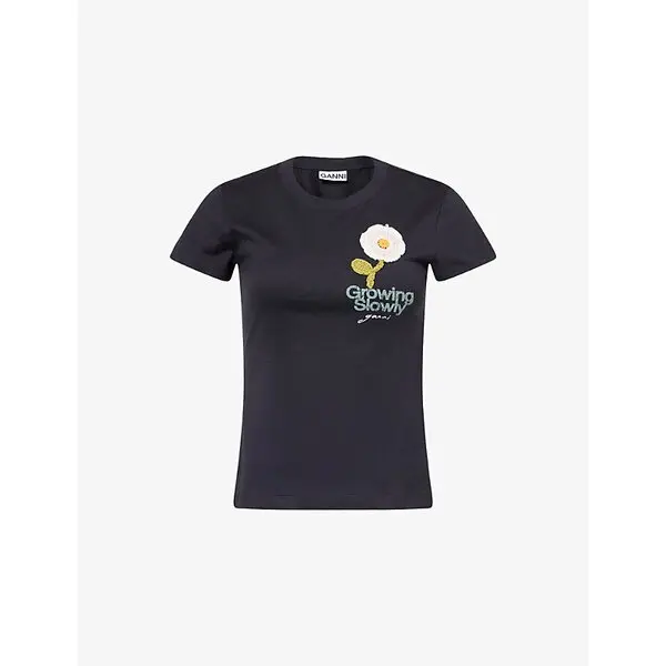 GANNI Cotton Baby-fit T-shirt With Crochet Motif - Phantom