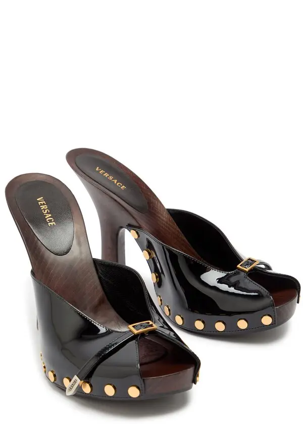 Versace Stud-embellished Wooden And Patent Leather Mules