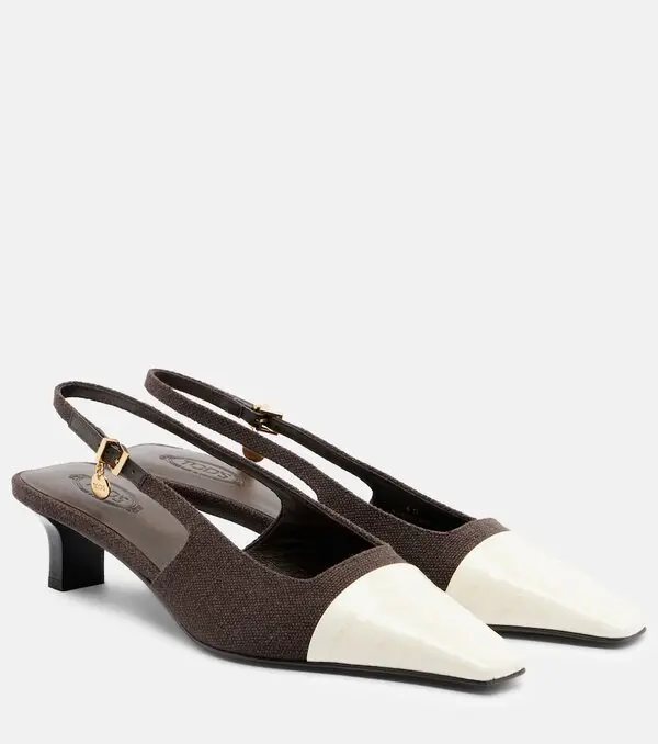 TOD'S Leather-trimmed Canvas Slingback Pumps - Brown