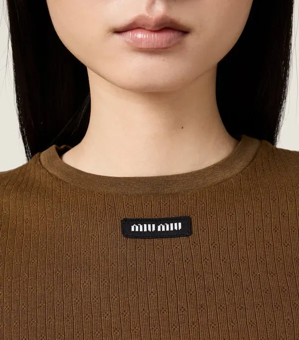 Miu Miu Cotton Pointelle Cropped T-shirt - Brown