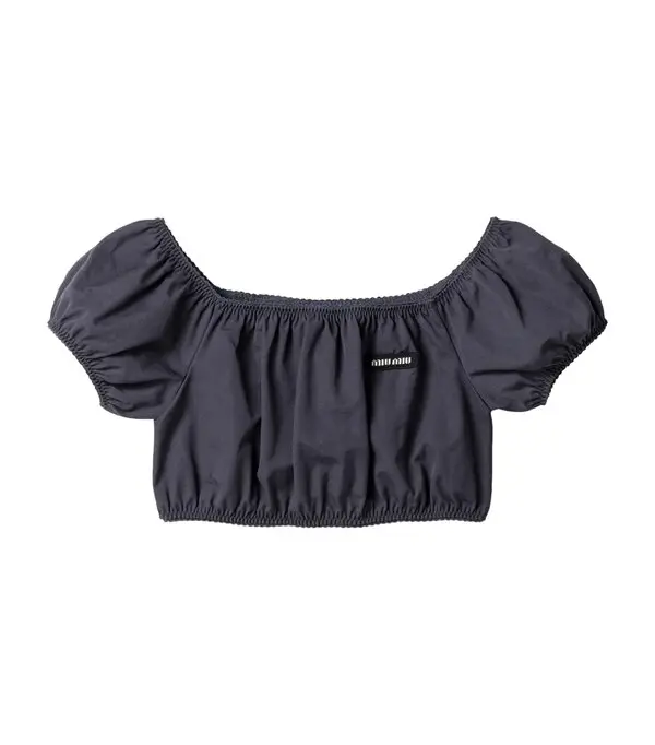 Miu Miu Cotton Poplin Puff Sleeve Cropped Top - Grey