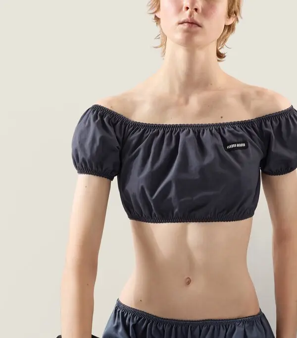 Miu Miu Cotton Poplin Puff Sleeve Cropped Top
