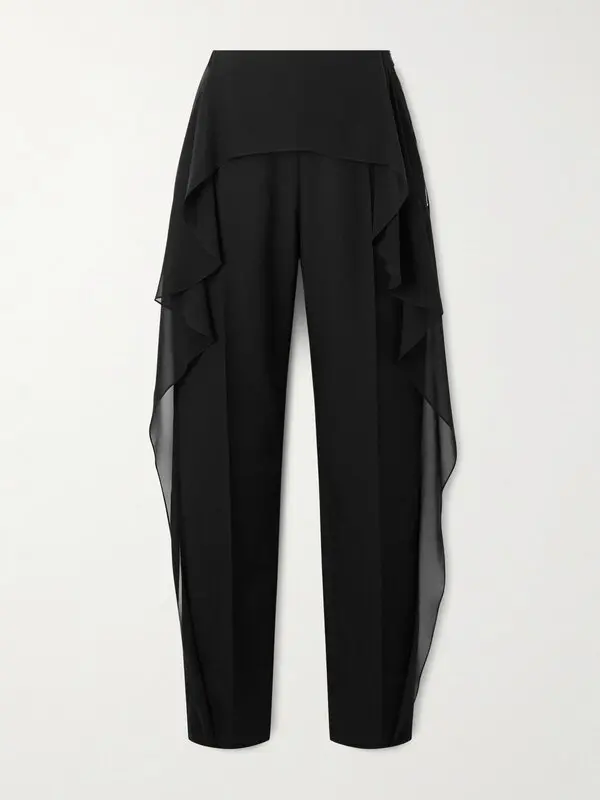 LANVIN Layered Wool-twill And Ruffled Silk-chiffon Slim-leg Trousers
