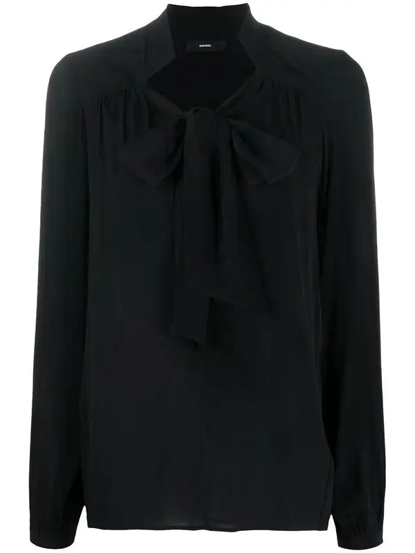 DIESEL® Logo Charm Tied Neck Long Sleeve Blouse