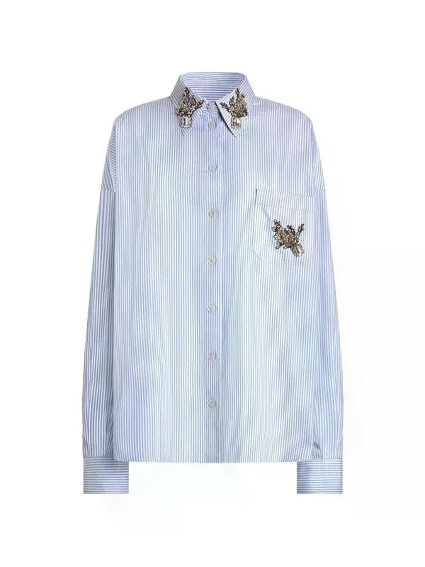 Dolce & Gabbana Striped Poplin Shirt With Embellished Collar And Pocket - Blue