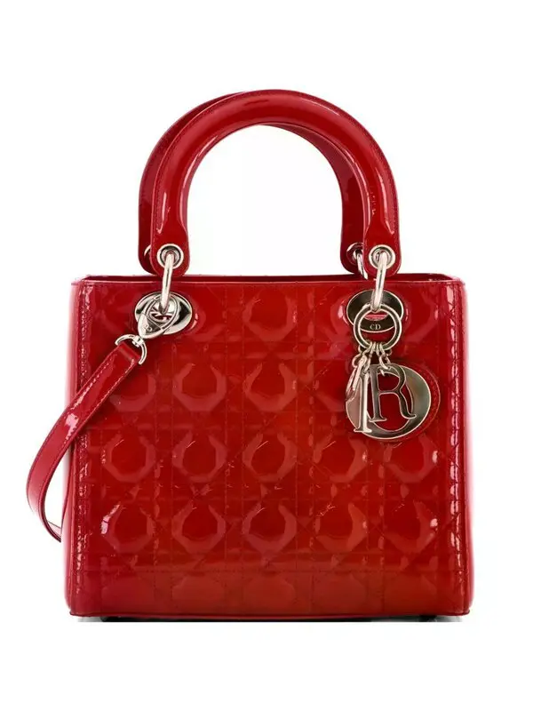 Dior Lady Cannage Quilt Patent Medium Satchel - Red