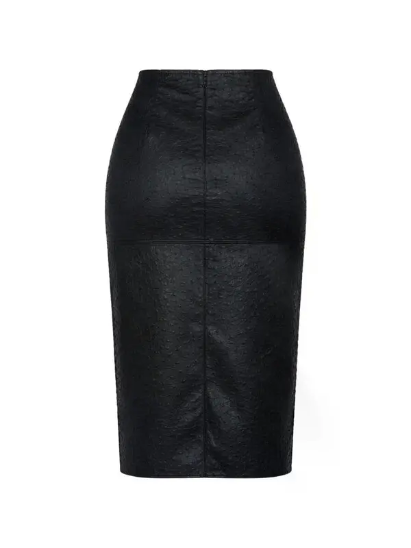 Elisabetta Franchi High-waist Midi Skirt With Ostrich Print And Front Slit - Black