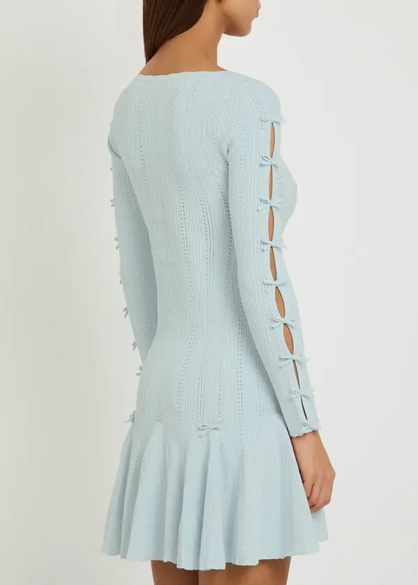 LoveShackFancy Seychelle Bow-appliquéd Pointelle-knit Mini Dress - Light Blue