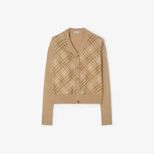 Burberry Check Panel Wool Silk Cardigan - Camel