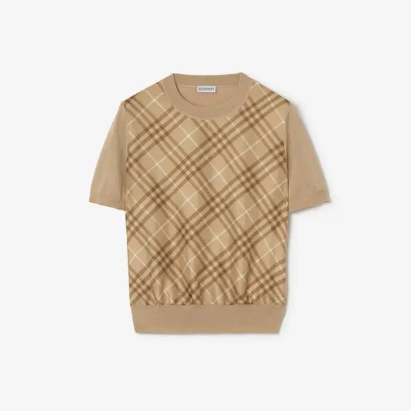 Burberry Check Panel Wool Silk Top - Camel
