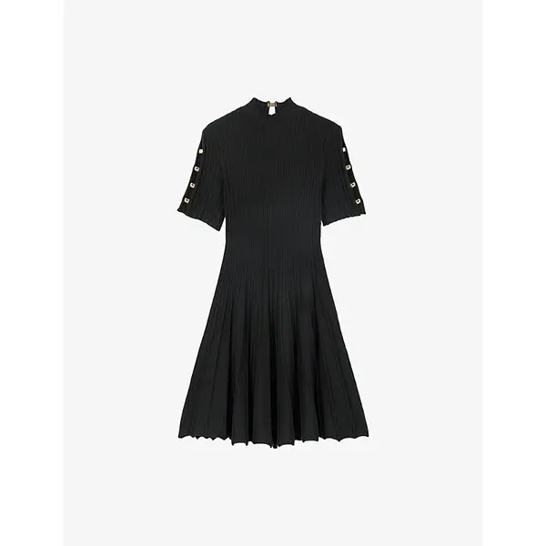 Maje Short-sleeved Ribbed Knitted Mini Dress With Flared Skirt - Black