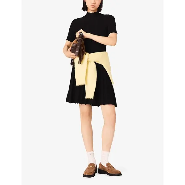 Maje Short-sleeved Ribbed Knitted Mini Dress With Flared Skirt