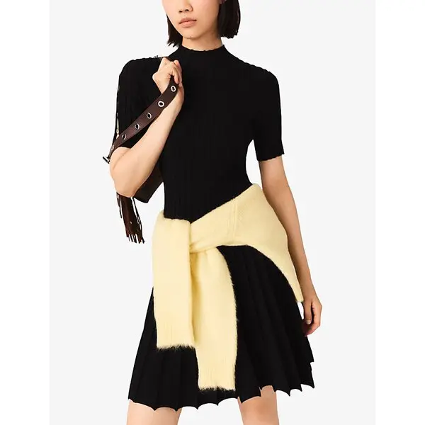 Maje Short-sleeved Ribbed Knitted Mini Dress With Flared Skirt