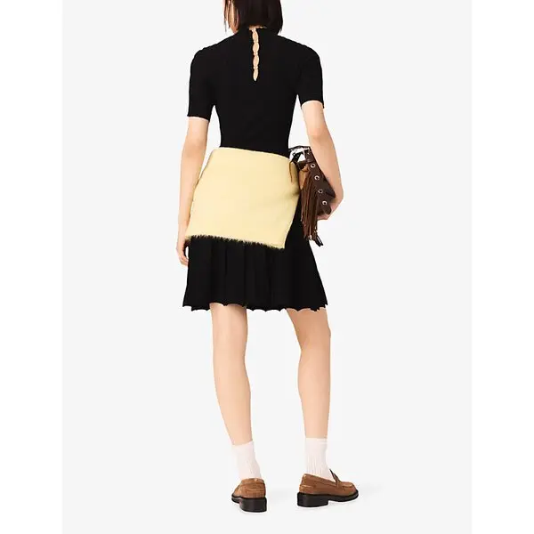 Maje Short-sleeved Ribbed Knitted Mini Dress With Flared Skirt