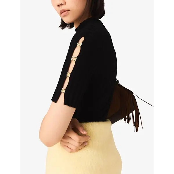 Maje Short-sleeved Ribbed Knitted Mini Dress With Flared Skirt