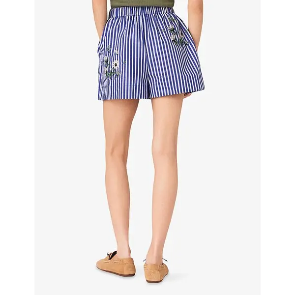Maje Striped Floral-embroidered Cotton-blend Shorts - White/blue