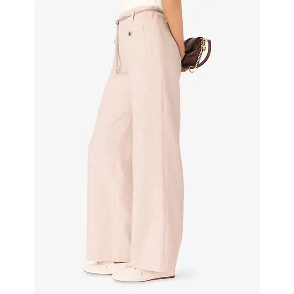 Maje Wide-leg Belted Tweed Trousers