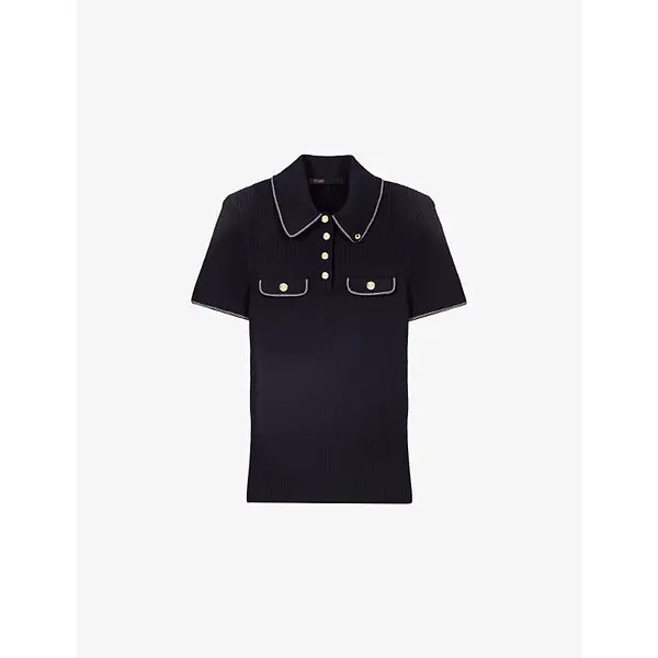 Maje Short-sleeved Ribbed Knitted Polo Shirt - Navy
