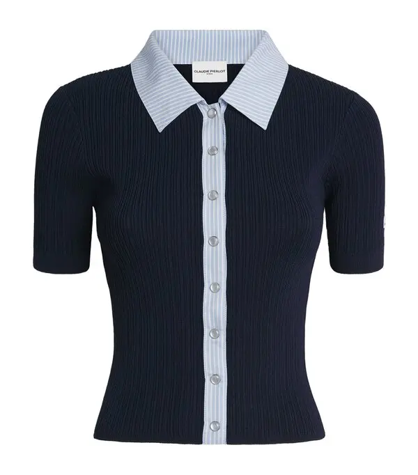 Claudie Pierlot Ribbed Knit Top With Contrasting Collar - Blue