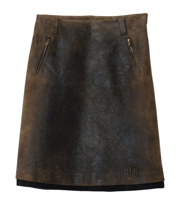 Miu Miu Distressed Leather Midi Skirt