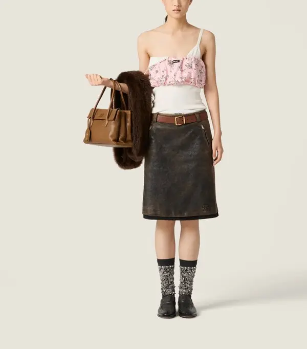 Miu Miu Distressed Leather Midi Skirt
