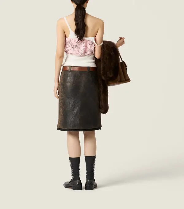 Miu Miu Distressed Leather Midi Skirt