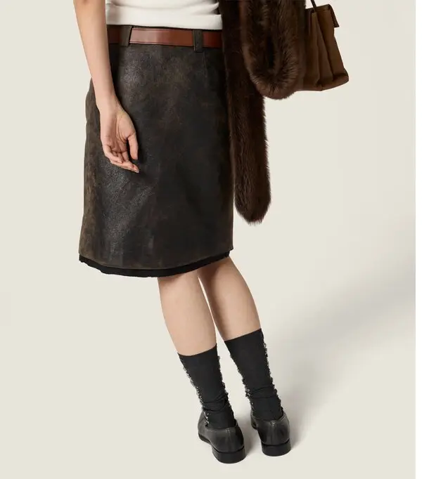 Miu Miu Distressed Leather Midi Skirt