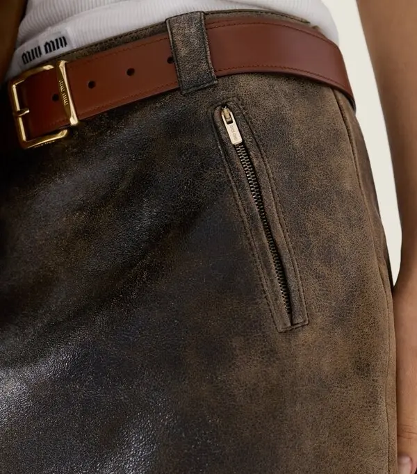 Miu Miu Distressed Leather Midi Skirt