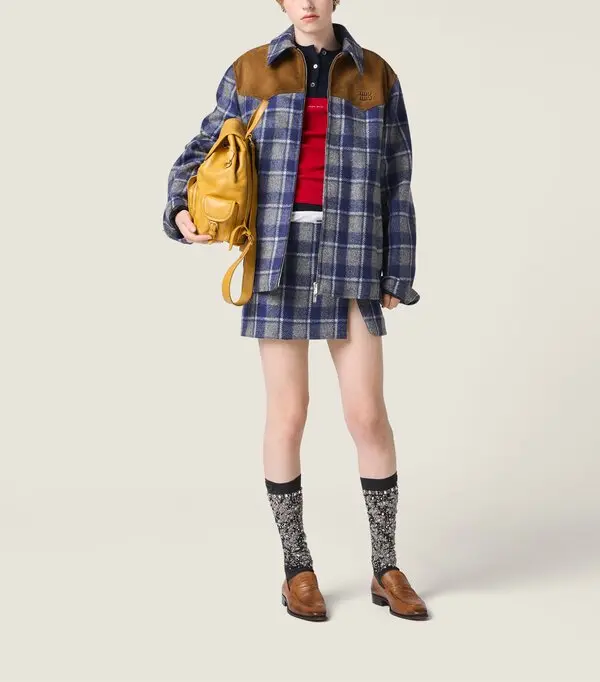 Miu Miu Wool Check Zip-up Jacket - Grey