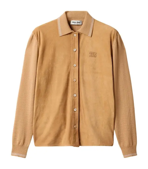 Miu Miu Suede And Wool Panelled Logo Shirt - Brown