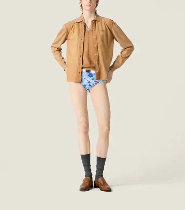 Miu Miu Suede And Wool Panelled Logo Shirt - Brown