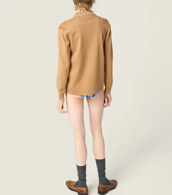Miu Miu Suede And Wool Panelled Logo Shirt - Brown
