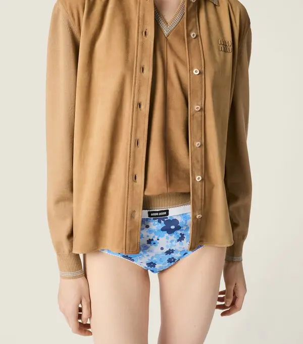 Miu Miu Suede And Wool Panelled Logo Shirt - Brown