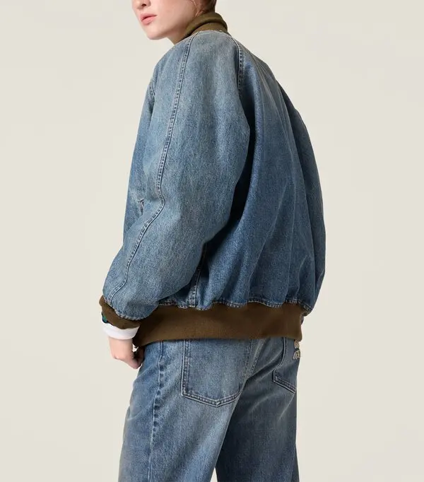 Miu Miu Denim Bomber Jacket With Logo Detailing