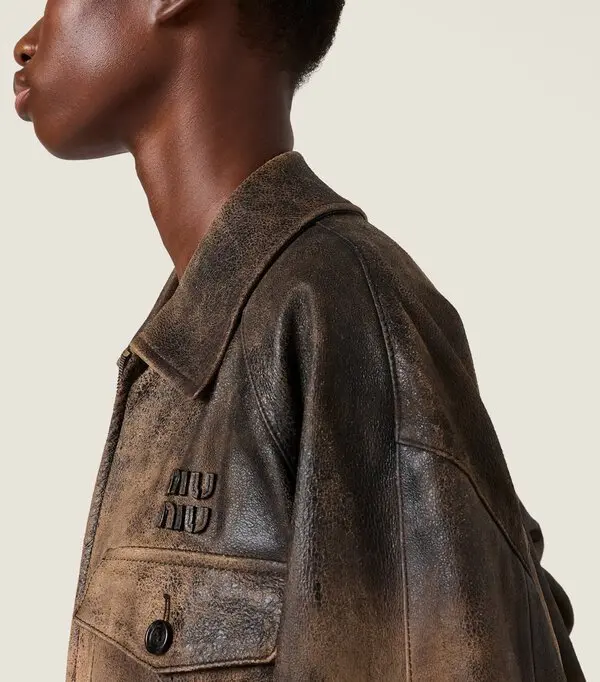 Miu Miu Distressed Leather Zip-up Jacket - Black
