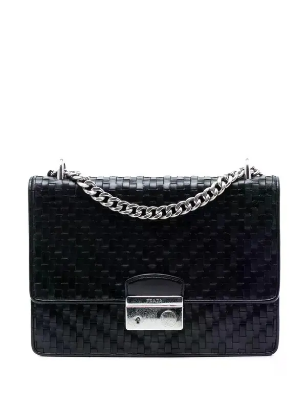 Prada Woven Goatskin Leather Chain Flap Crossbody Bag - Black