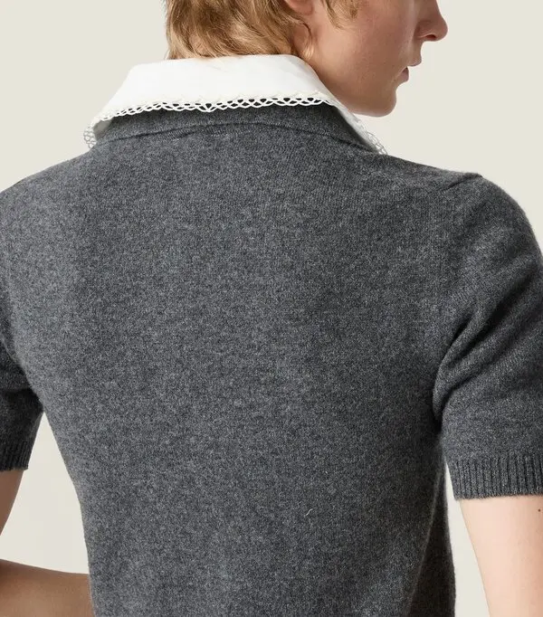 Miu Miu Cashmere Polo Sweater With Detachable Embroidered Collar - Grey