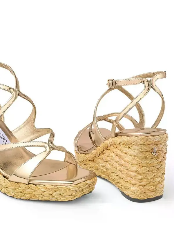 JIMMY CHOO Tone Metallic Wedge Sandals With Braided Raffia Sole