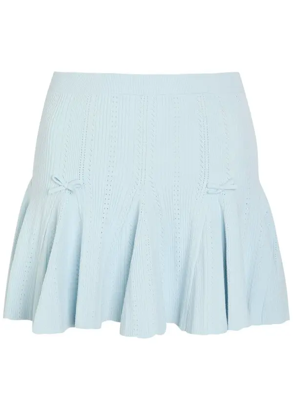 LoveShackFancy Meryl Bow-appliquéd Pointelle-knit Mini Skirt - Light Blue