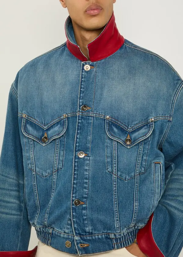 Versace Denim Jacket With Leather Collar