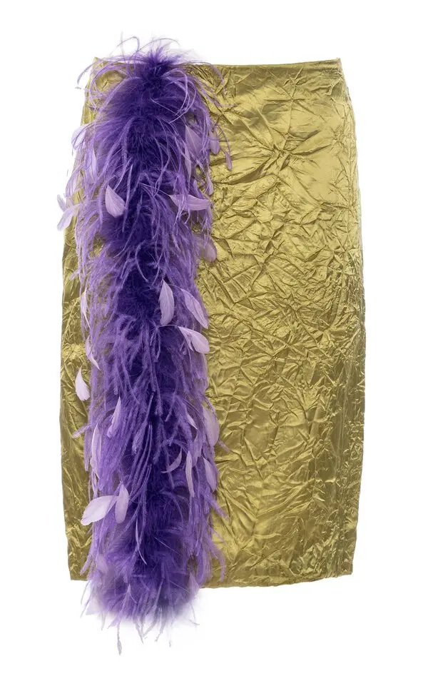 DES_PHEMMES Feather-trimmed Satin Midi Skirt - Olive