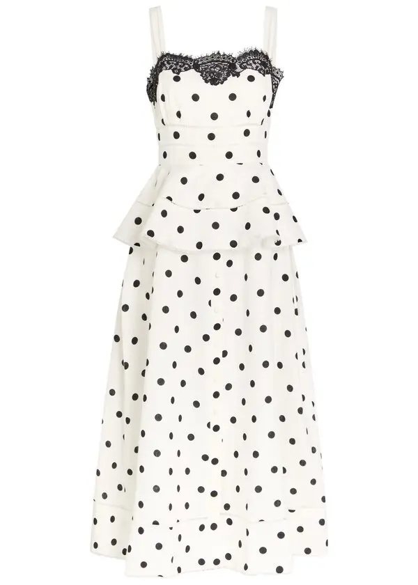 SELF-PORTRAIT Layered Polka-dot Linen-blend Midi Dress
