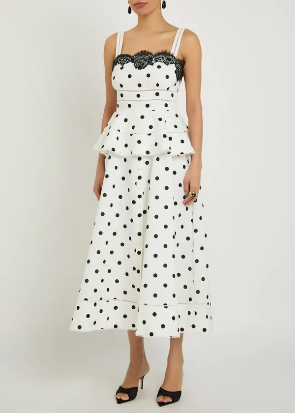 SELF-PORTRAIT Layered Polka-dot Linen-blend Midi Dress