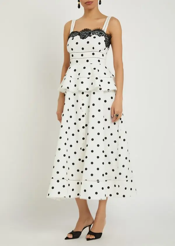 SELF-PORTRAIT Layered Polka-dot Linen-blend Midi Dress