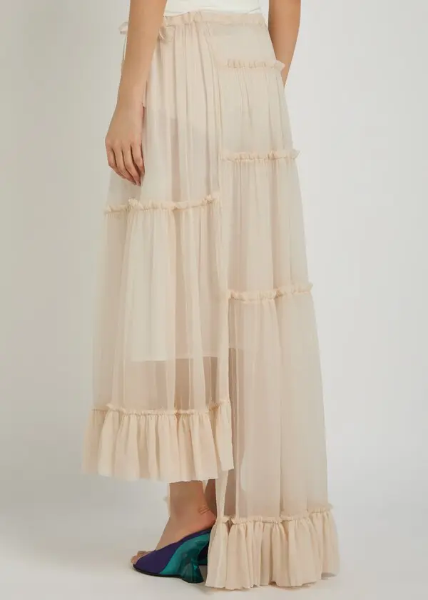 Dries Van Noten Sunia Asymmetric Ruffle Silk Georgette Maxi Skirt