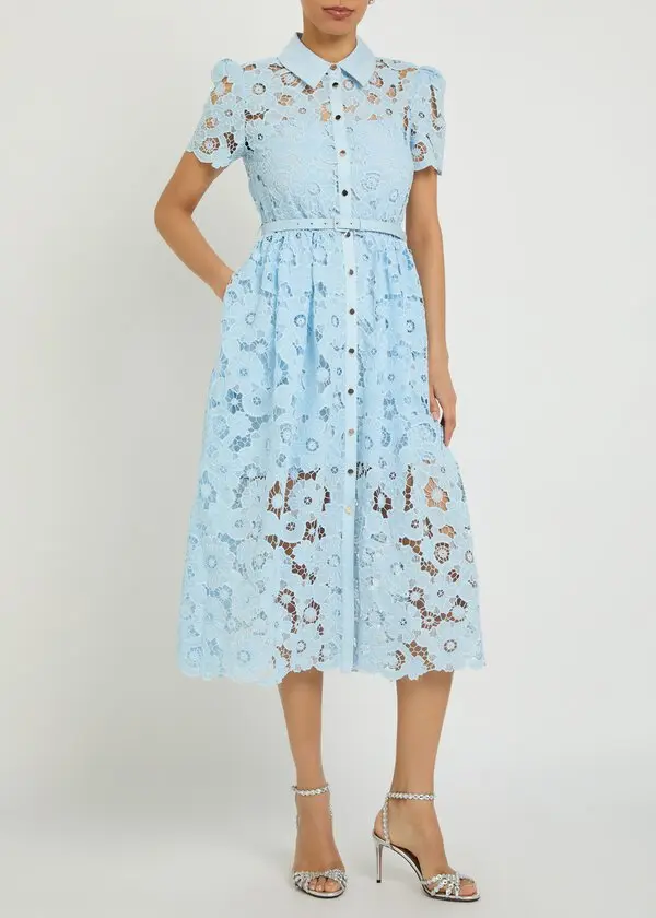 SELF-PORTRAIT Guipure-lace Midi Shirt Dress - Blue